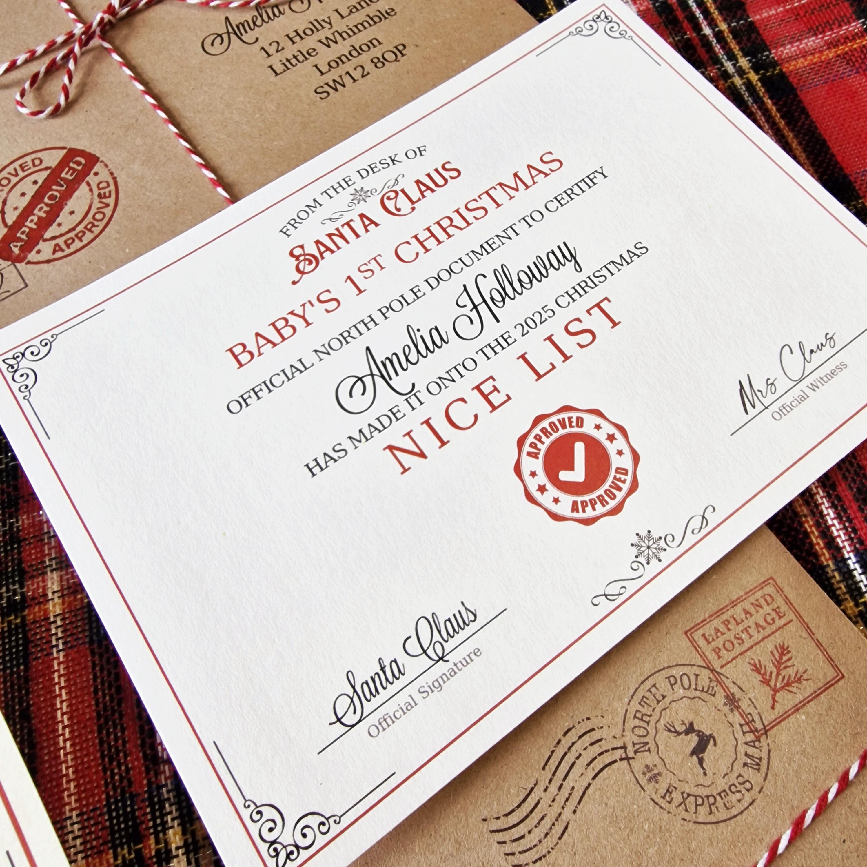Baby's First Christmas Letter From Santa, Baby Nice List Certificate ...