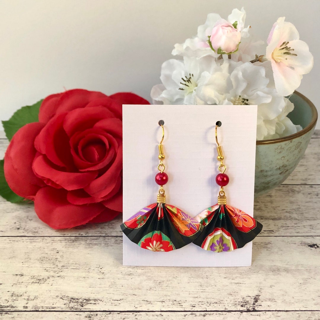 Origami Fan Earrings - Colorful Japanese Print - Etsy