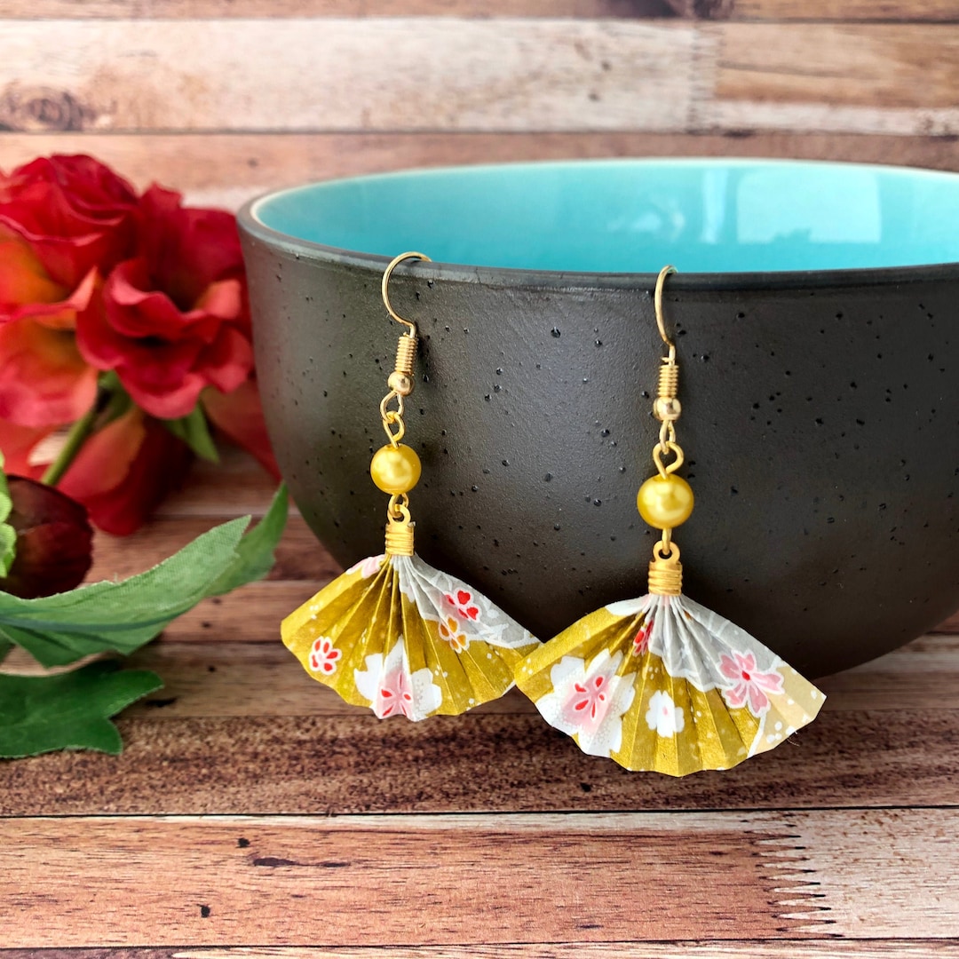 Origami Fan Earrings Gold With Pink/white Sakura & Wave Print - Etsy