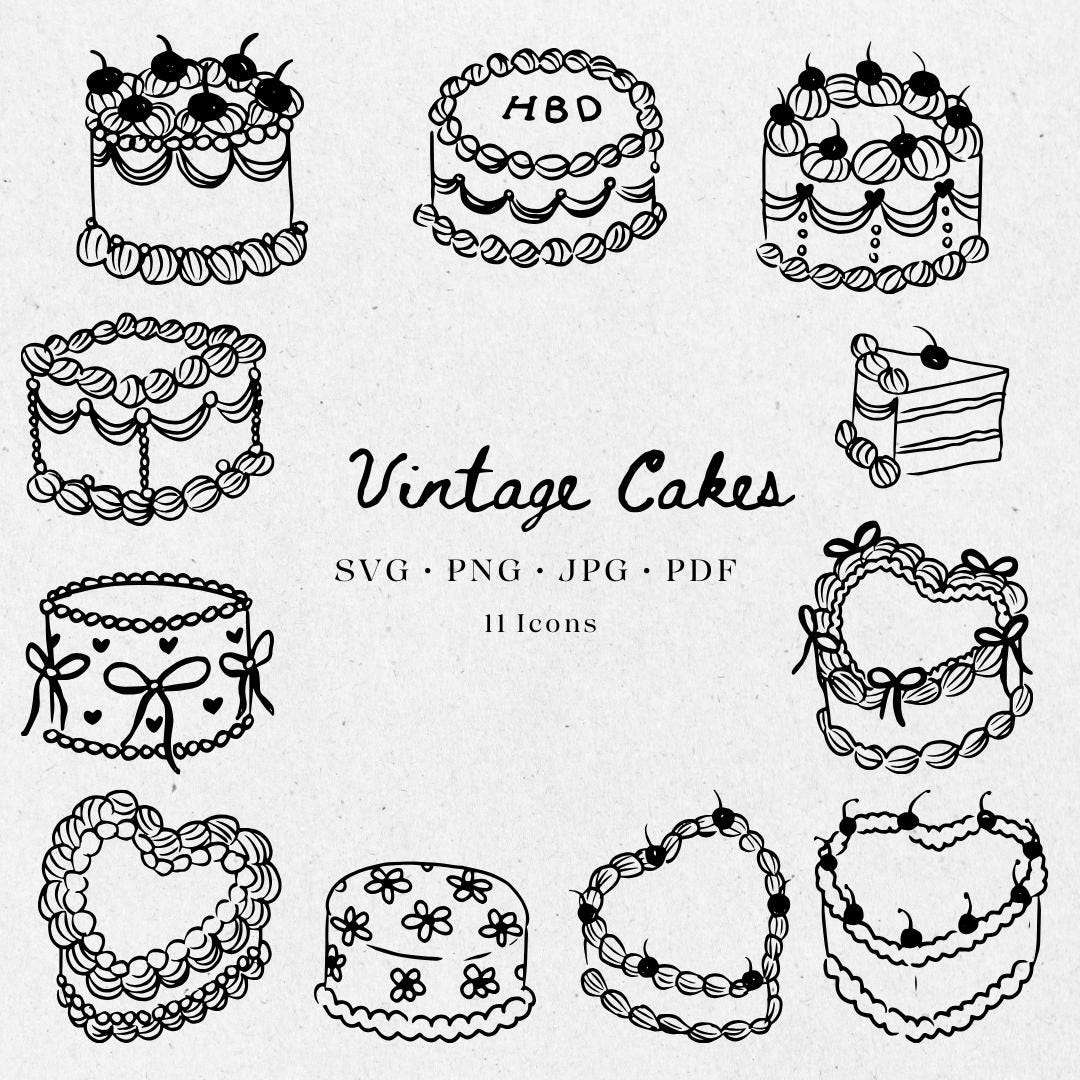 Hand Drawn Vintage Cakes Illustration Bundle Set, SVG PNG JPG, Clipart ...