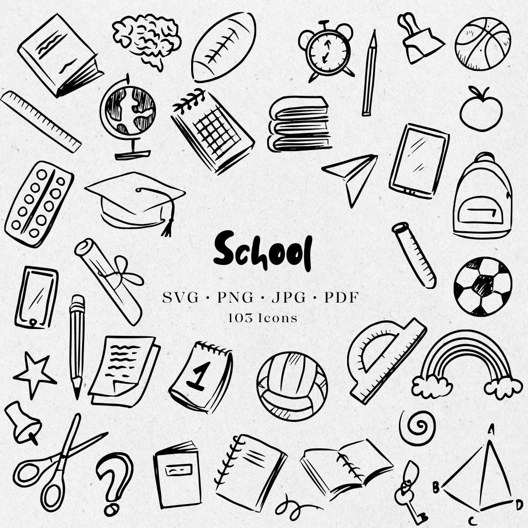 Hand Drawn Back to School Illustration Bundle Set, SVG PNG JPG, Icon ...