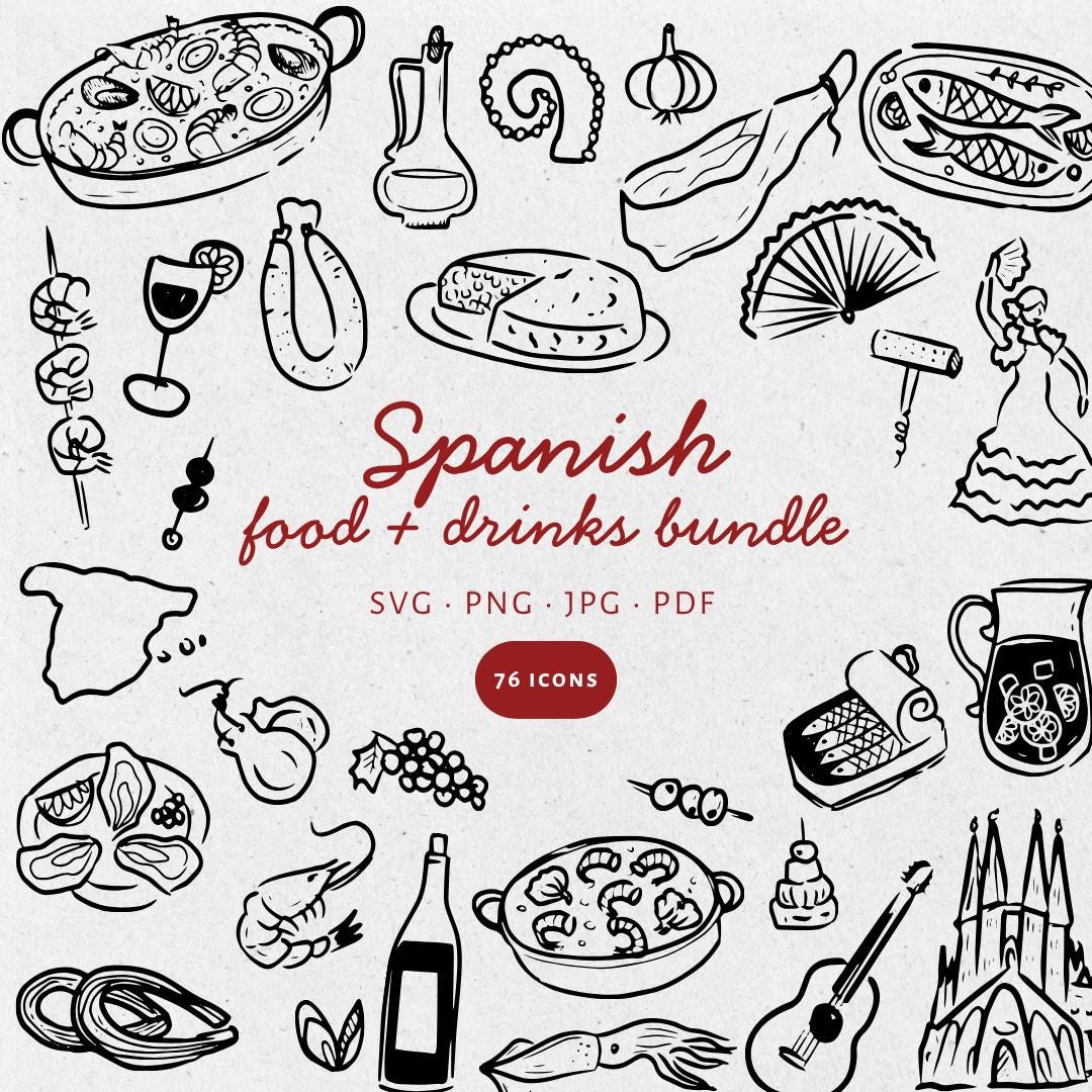 Hand Drawn Spanish Food & More Illustration Bundle Set, SVG PNG JPG ...