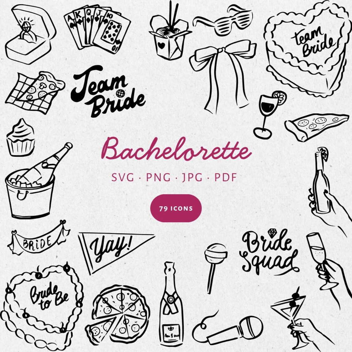Hand Drawn Bachelorette Illustration Bundle Set, SVG PNG JPG, Icon ...