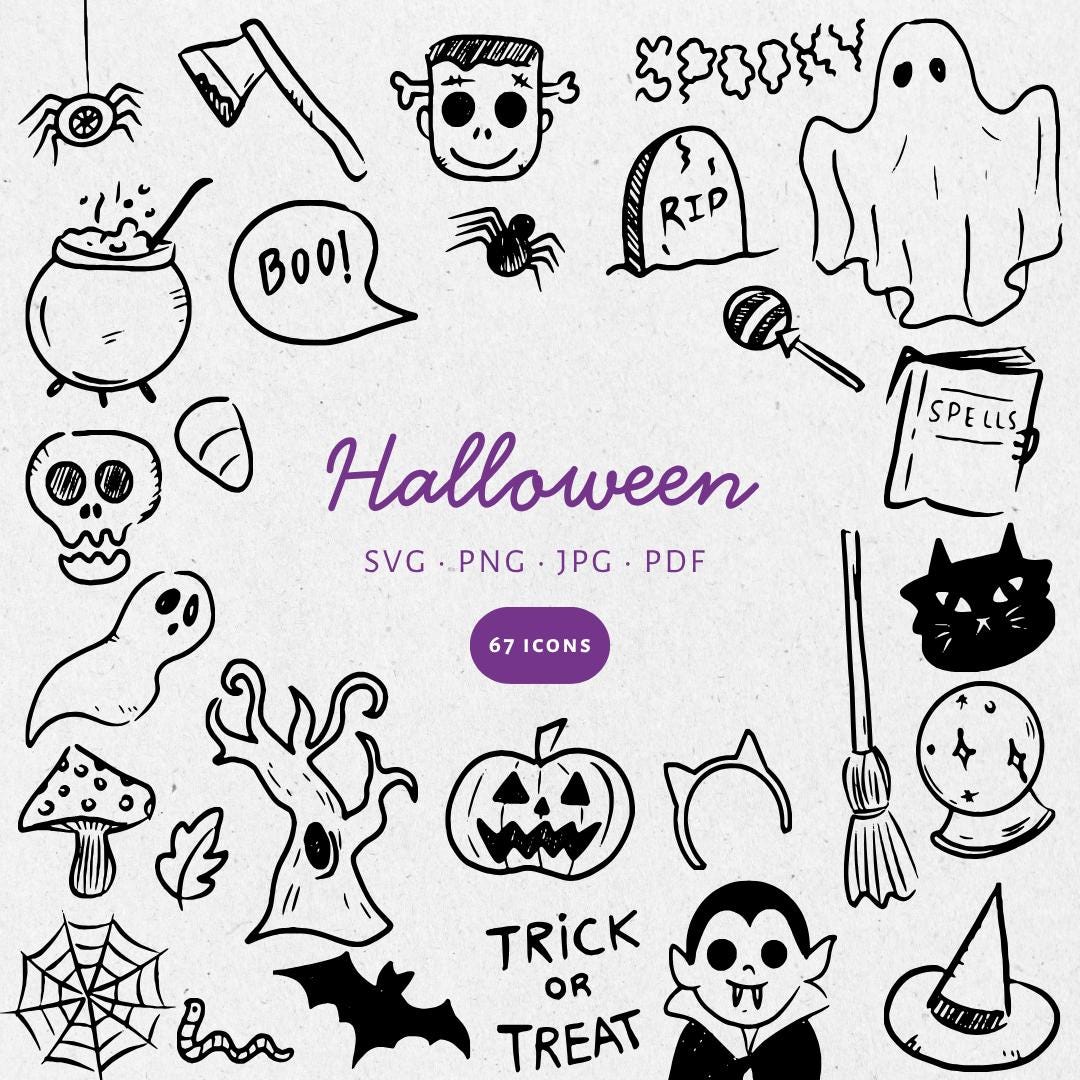 Hand Drawn Halloween Illustration Bundle Set, SVG PNG JPG, Icon Black ...