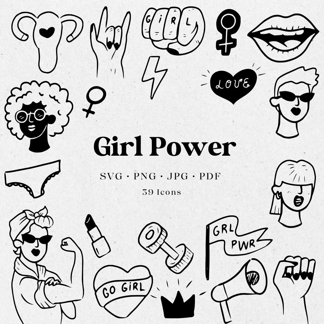 Hand Drawn Girl Power Illustration Bundle Set, SVG PNG JPG, Icon Black ...