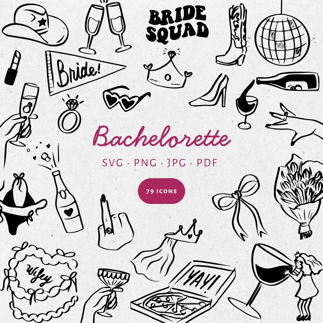 Hand Drawn Bachelorette Illustration Bundle Set, SVG PNG JPG, Icon ...
