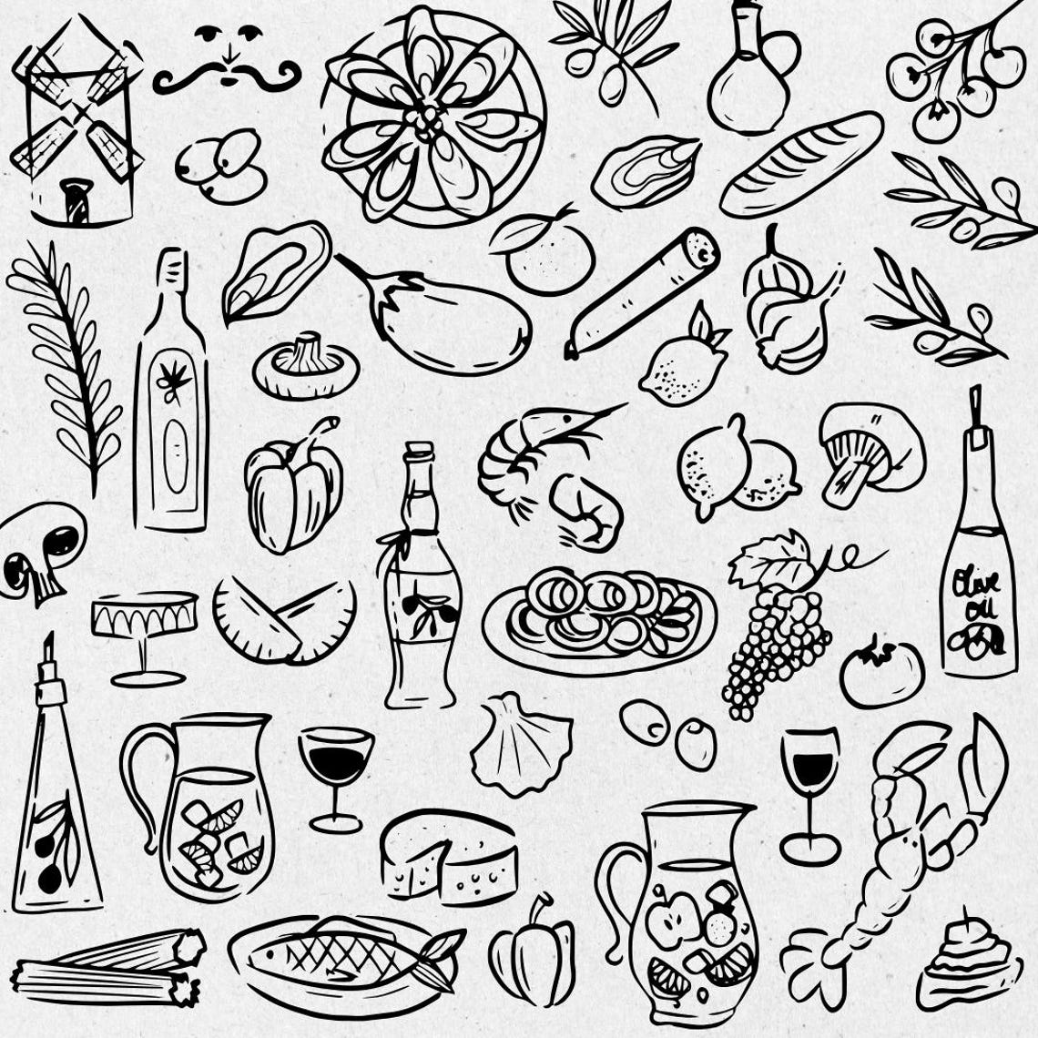 Hand Drawn Spanish Food & More Illustration Bundle Set, SVG PNG JPG ...