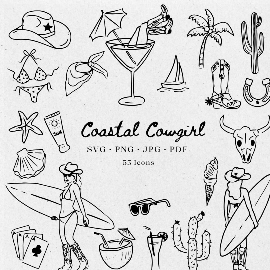 Hand Drawn Coastal Cowgirl Bachelorette Clipart Illustration Bundle Set ...