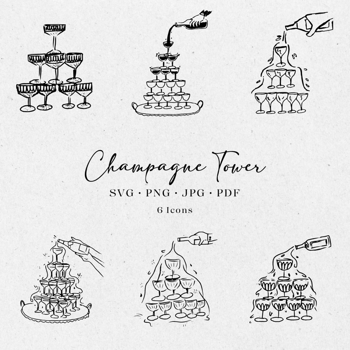 Hand Drawn Champagne Tower Illustration Bundle Set, SVG PNG JPG, Icon ...