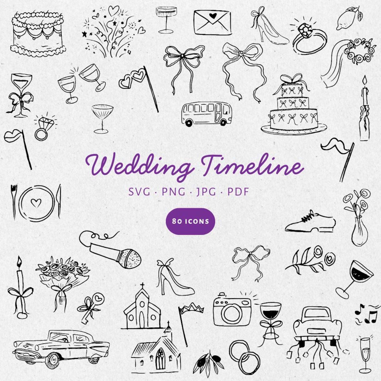 Hand Drawn Wedding Timeline Illustration Bundle Set, SVG PNG JPG, Icon ...
