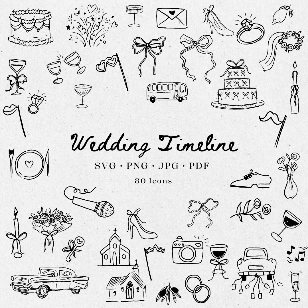 Hand Drawn Wedding Timeline Illustration Bundle Set, SVG PNG JPG, Icon Black & White, Clipart ...