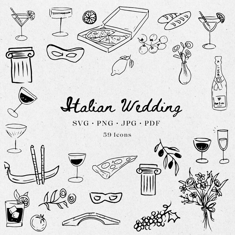 Hand Drawn Italian Wedding Illustration Bundle Set, SVG PNG JPG, Icon Black & White, Clipart ...