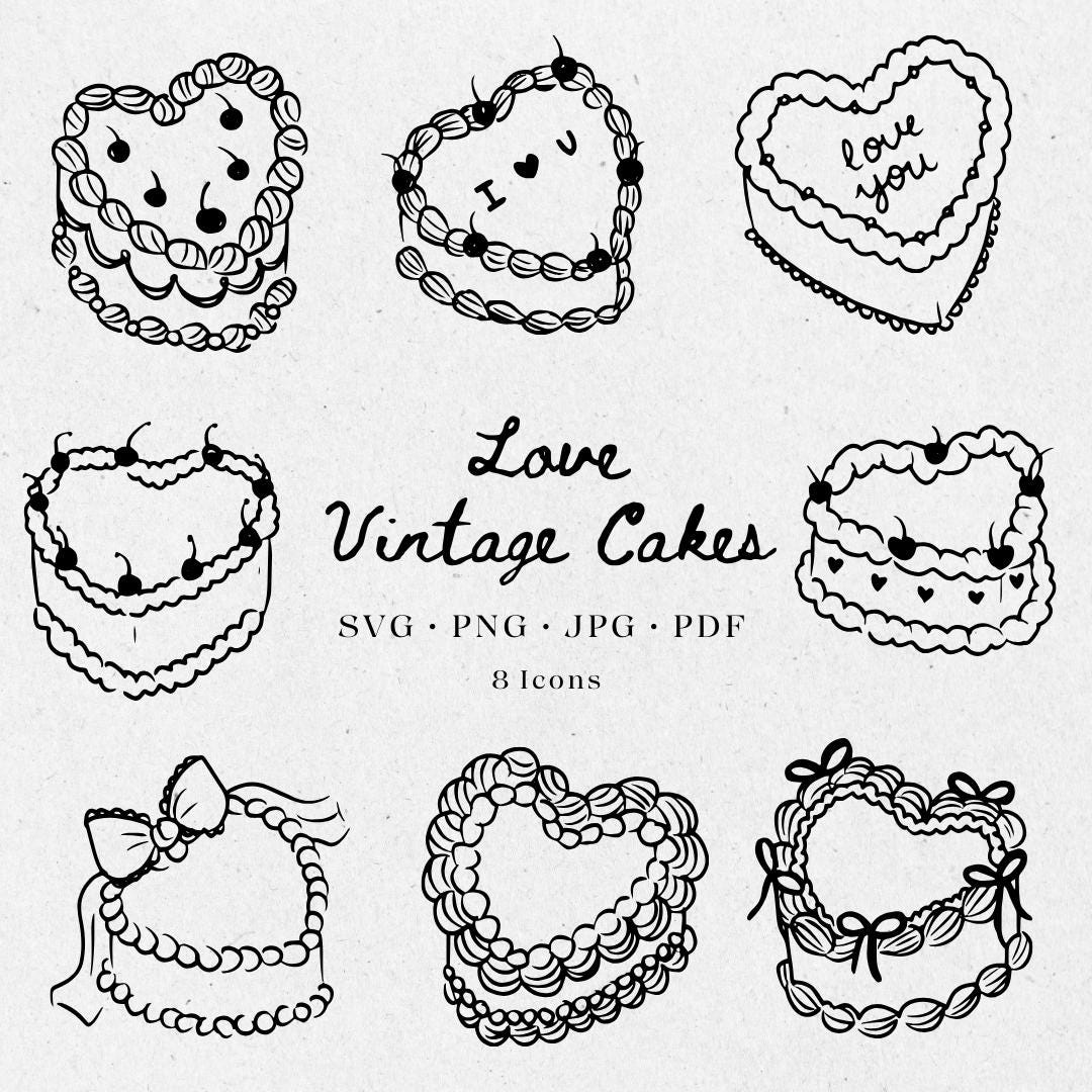 Hand Drawn Love Vintage Cakes Illustration Bundle Set, SVG PNG JPG ...