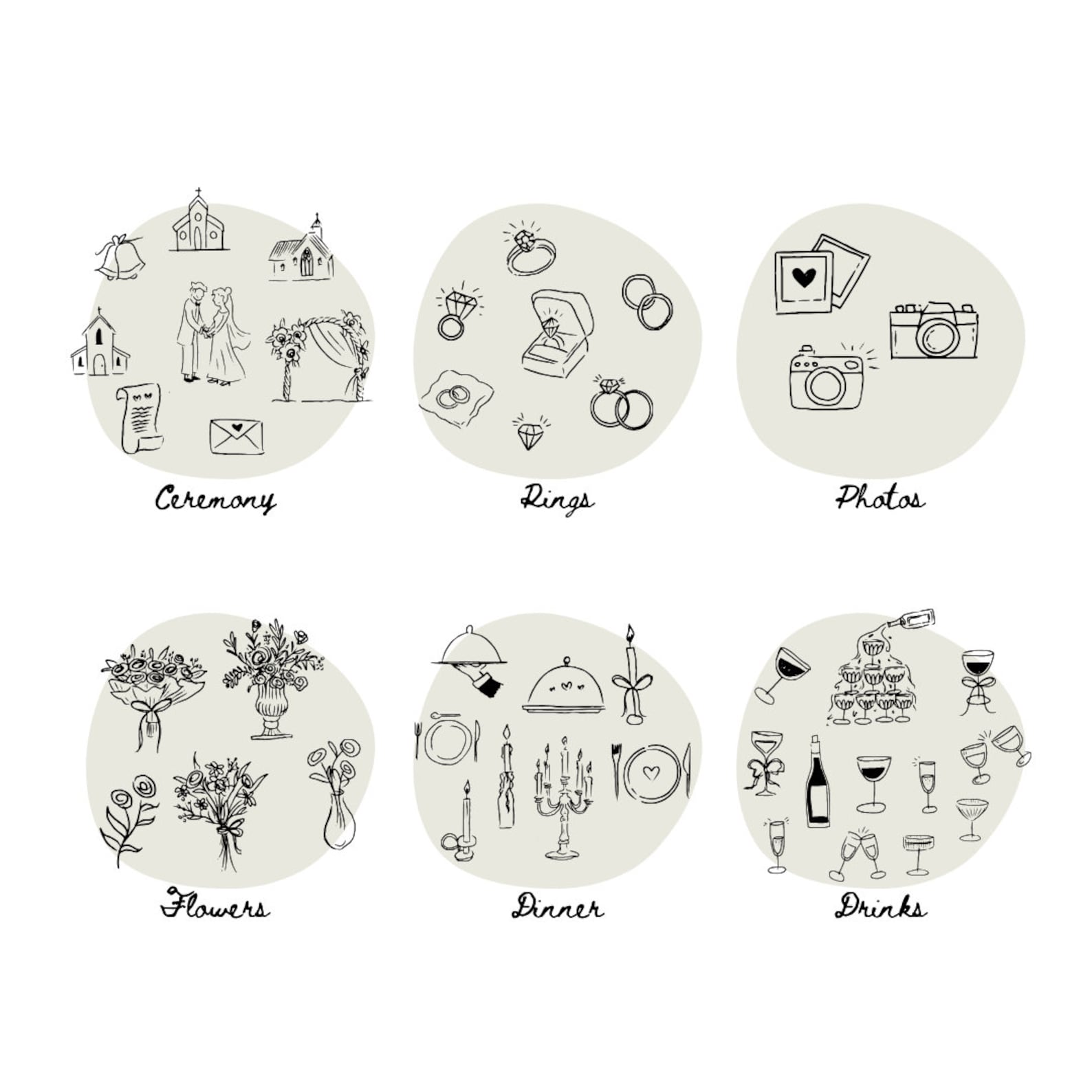 Hand Drawn Wedding Timeline Illustration Bundle Set, SVG PNG JPG, Icon Black & White, Clipart ...