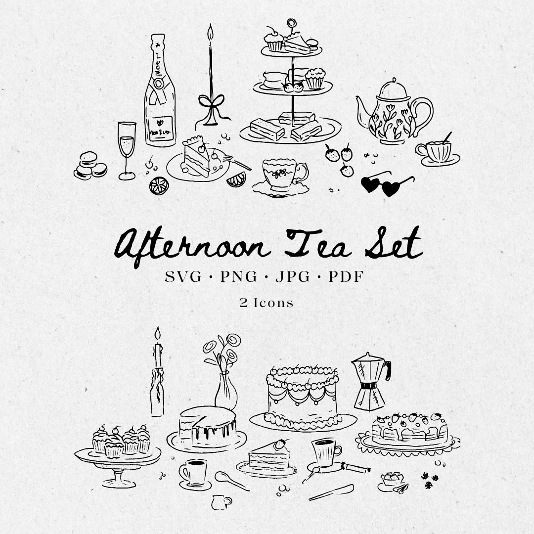 Hand Drawn Sparkling Afternoon Tea Illustration Set, SVG PNG JPG, Icon ...