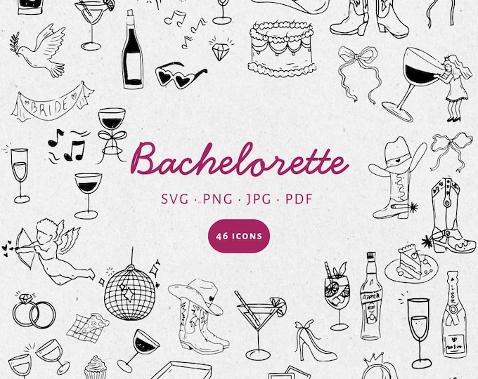 Hand Drawn Wedding Timeline Illustration Bundle Set, SVG PNG JPG, Icon Black & White, Clipart ...