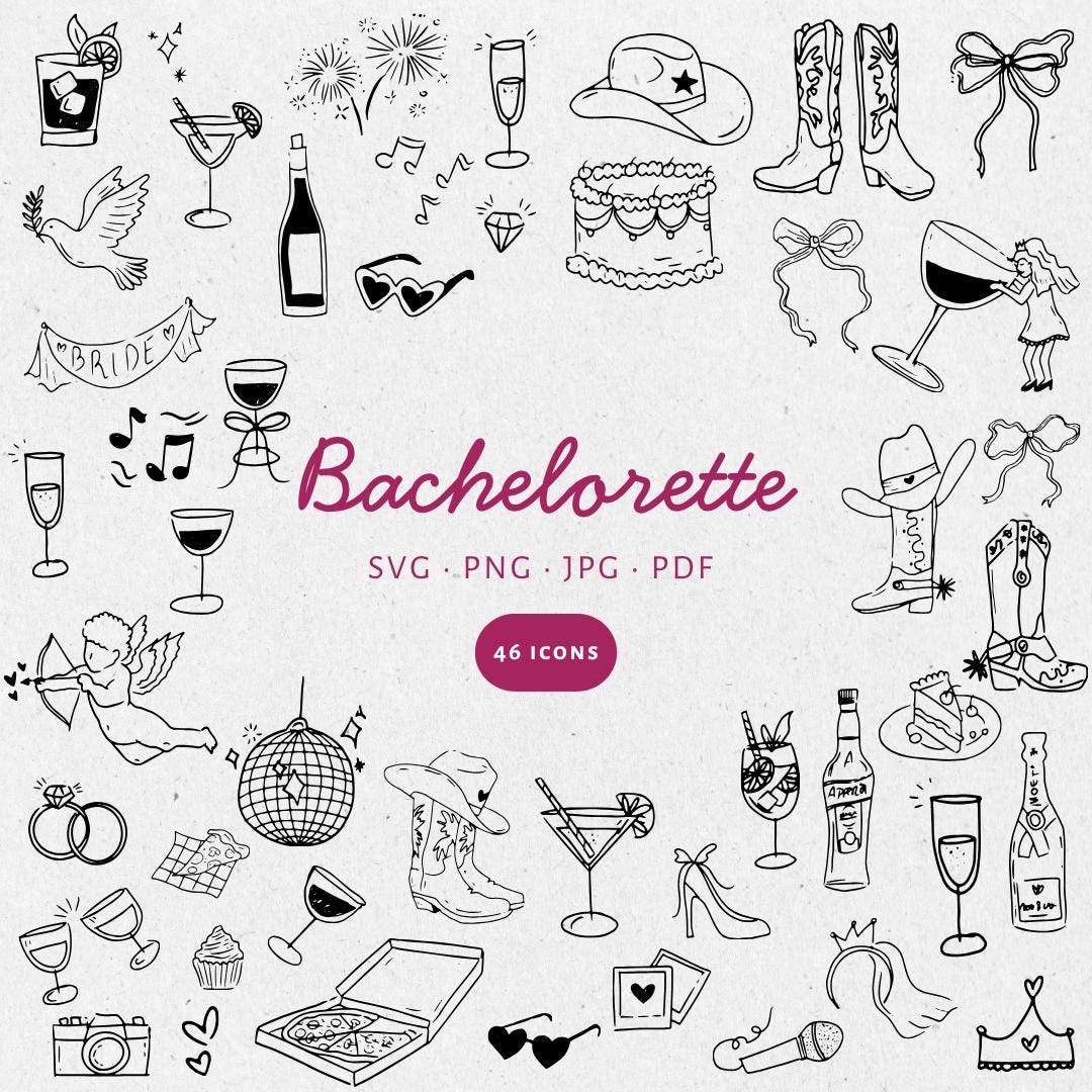 Hand Drawn Bachelorette Illustration Bundle Set, SVG PNG JPG, Icon ...
