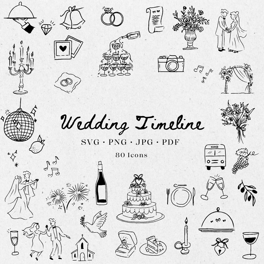 Hand Drawn Wedding Timeline Illustration Bundle Set, SVG PNG JPG, Icon ...