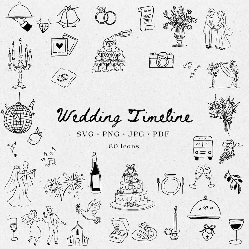 Hand Drawn Wedding Timeline Illustration Bundle Set, SVG PNG JPG, Icon Black & White, Clipart ...