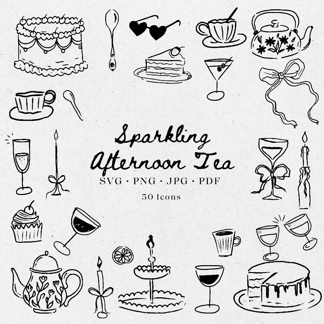 Hand Drawn Sparkling Afternoon Tea Illustration Set, SVG PNG JPG, Icon ...