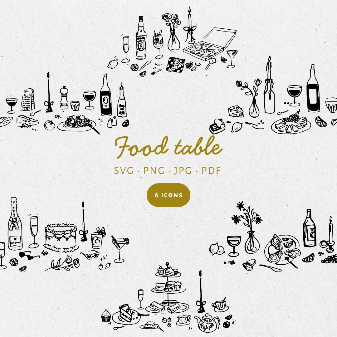 Hand Drawn Food Table Illustration Bundle Set, SVG PNG JPG, Icon Black ...