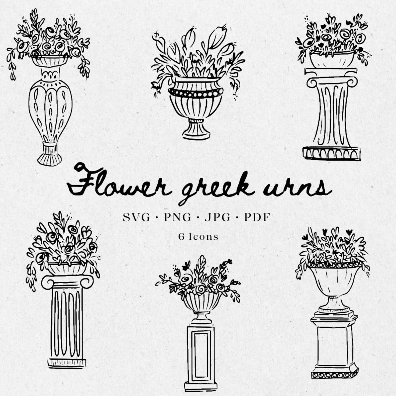 Hand Drawn Greek Urns With Flowers Illustration Bundle Set, SVG PNG JPG ...