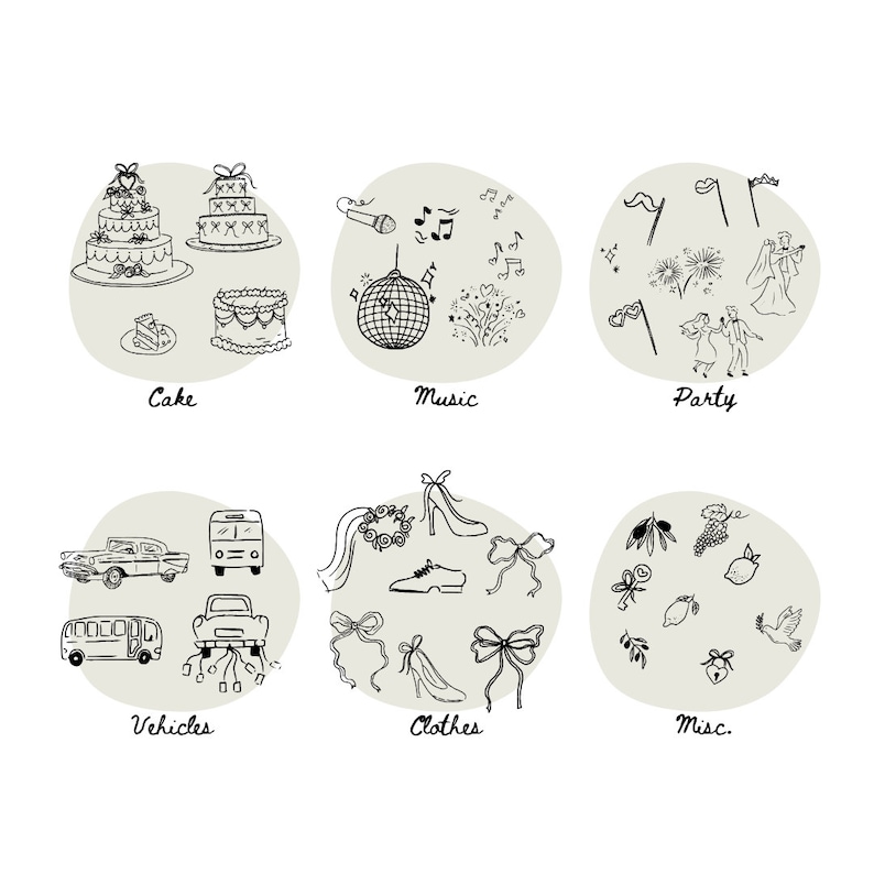 Hand Drawn Wedding Timeline Illustration Bundle Set, SVG PNG JPG, Icon Black & White, Clipart ...