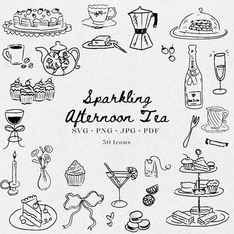 Hand Drawn Sparkling Afternoon Tea Illustration Set, SVG PNG JPG, Icon ...