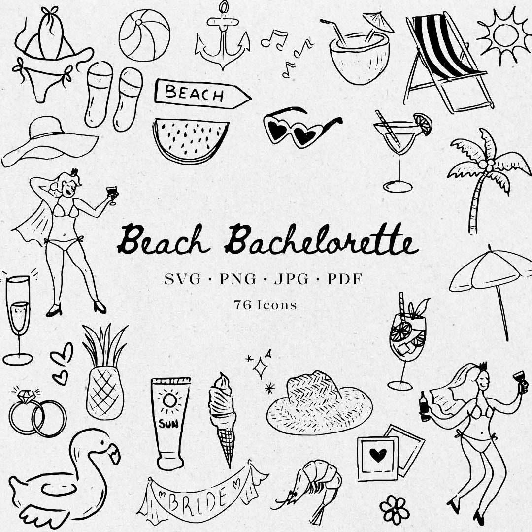 Hand Drawn Beach Bachelorette Illustration Bundle Set, SVG PNG JPG ...