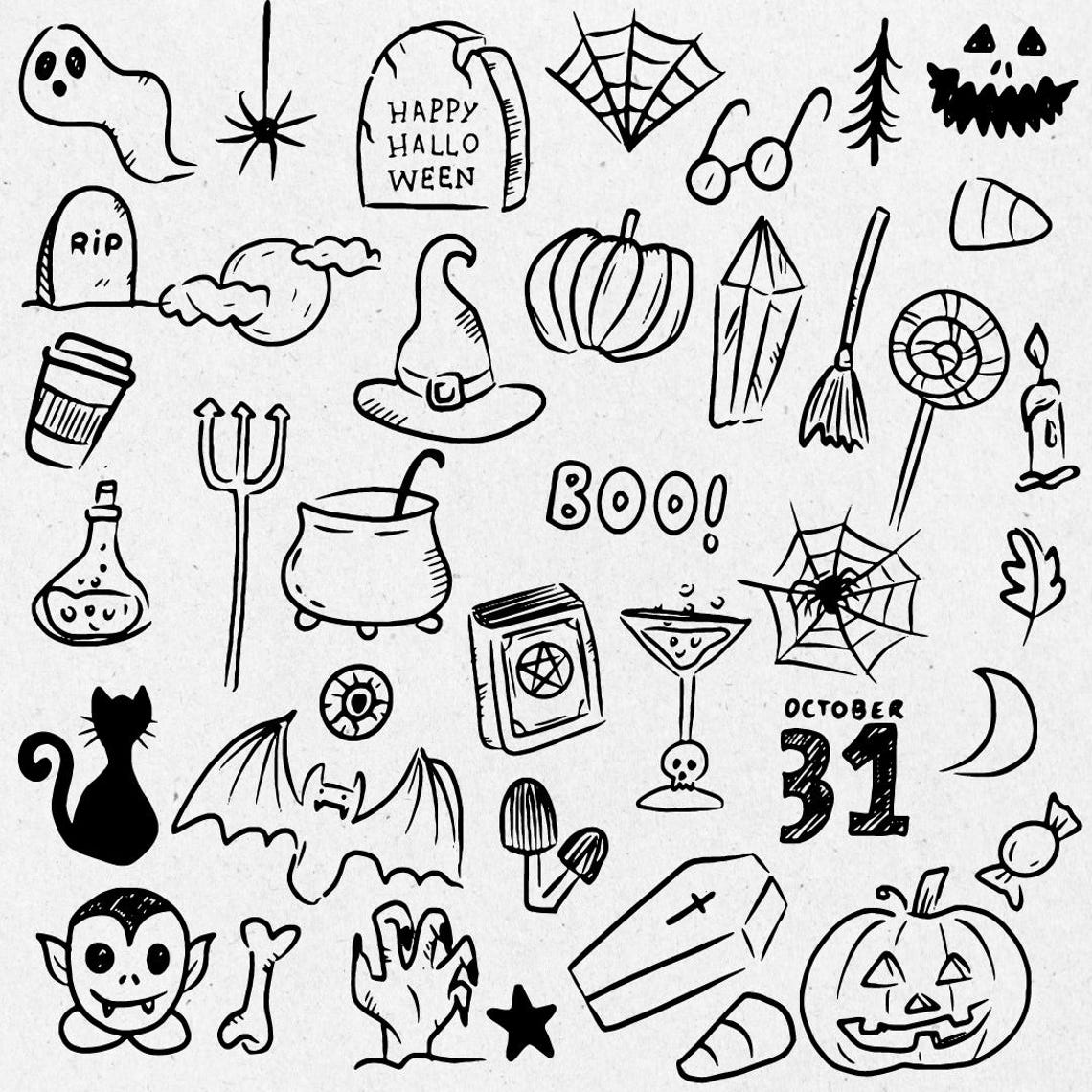 Hand Drawn Halloween Illustration Bundle Set, SVG PNG JPG, Icon Black ...