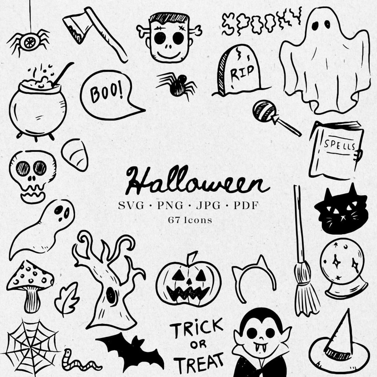 Hand Drawn Halloween Illustration Bundle Set, SVG PNG JPG, Icon Black ...