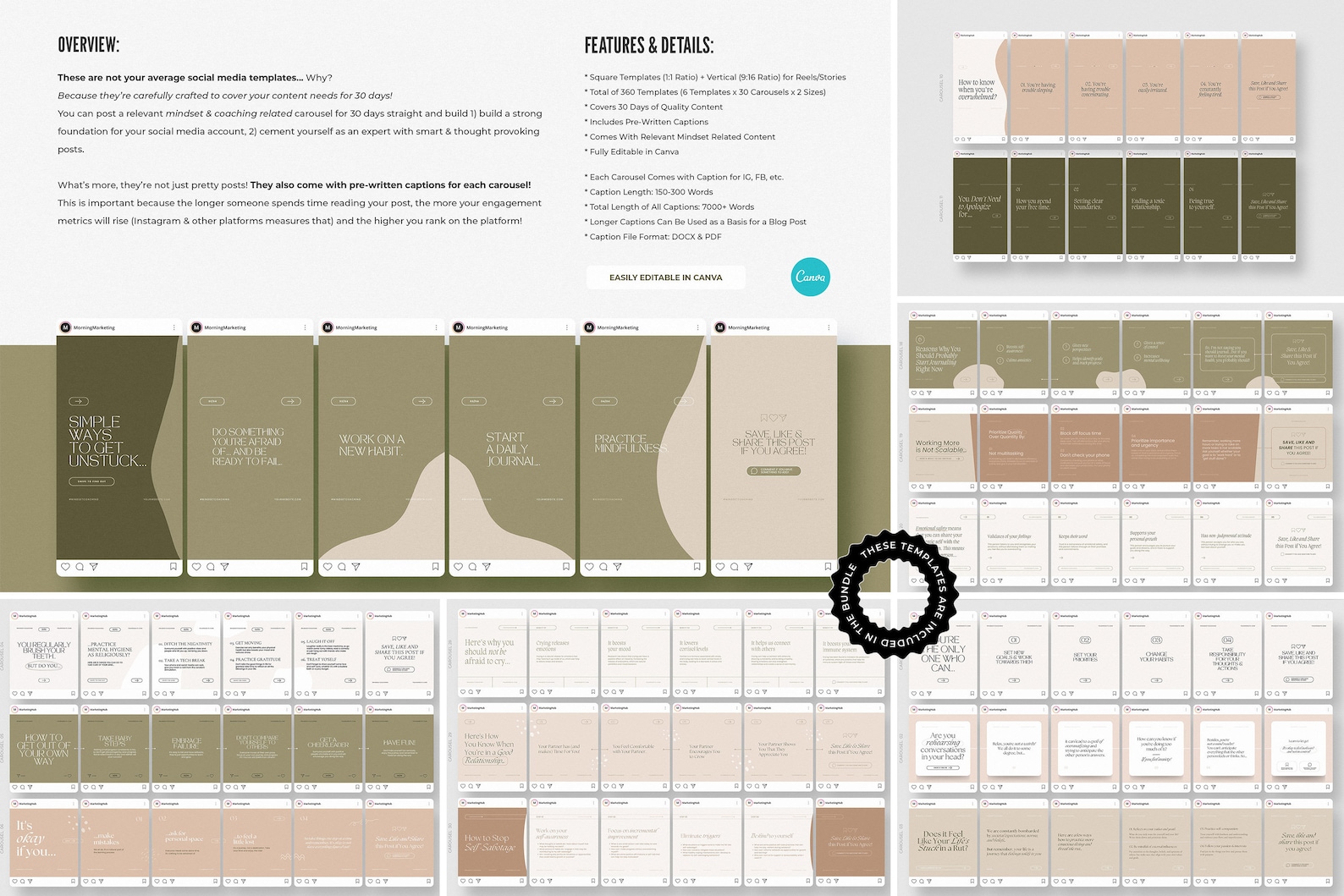 Mental Health & Mindset Instagram Templates for CANVA / Carousel ...