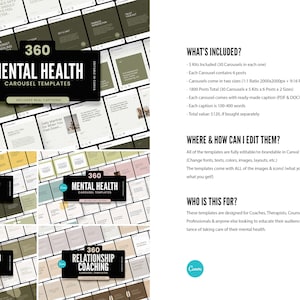 Mental Health & Mindset Instagram Templates for CANVA / Carousel ...