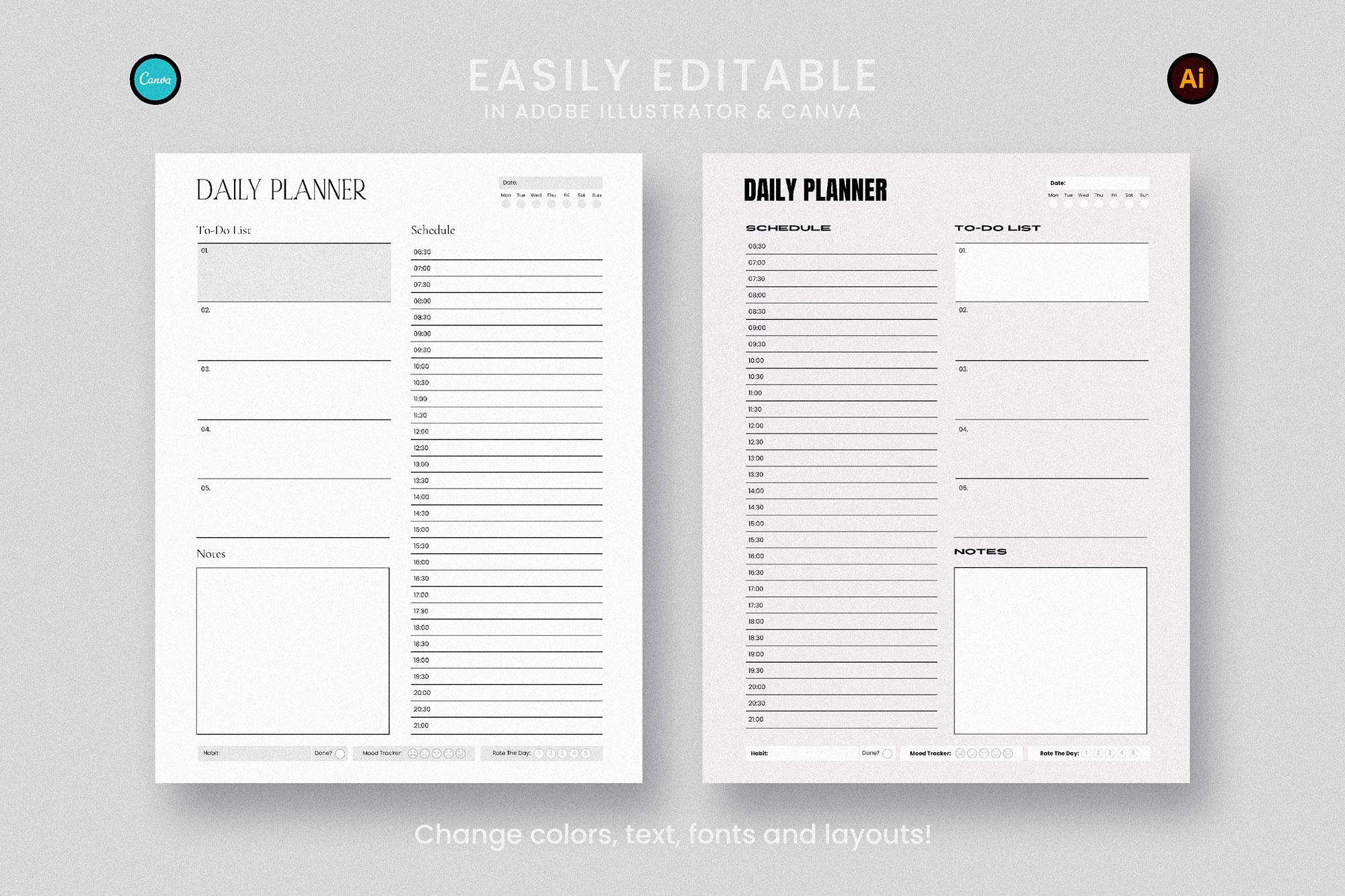 Premium Editable Planner Templates / for Illustrator and Canva / Daily ...