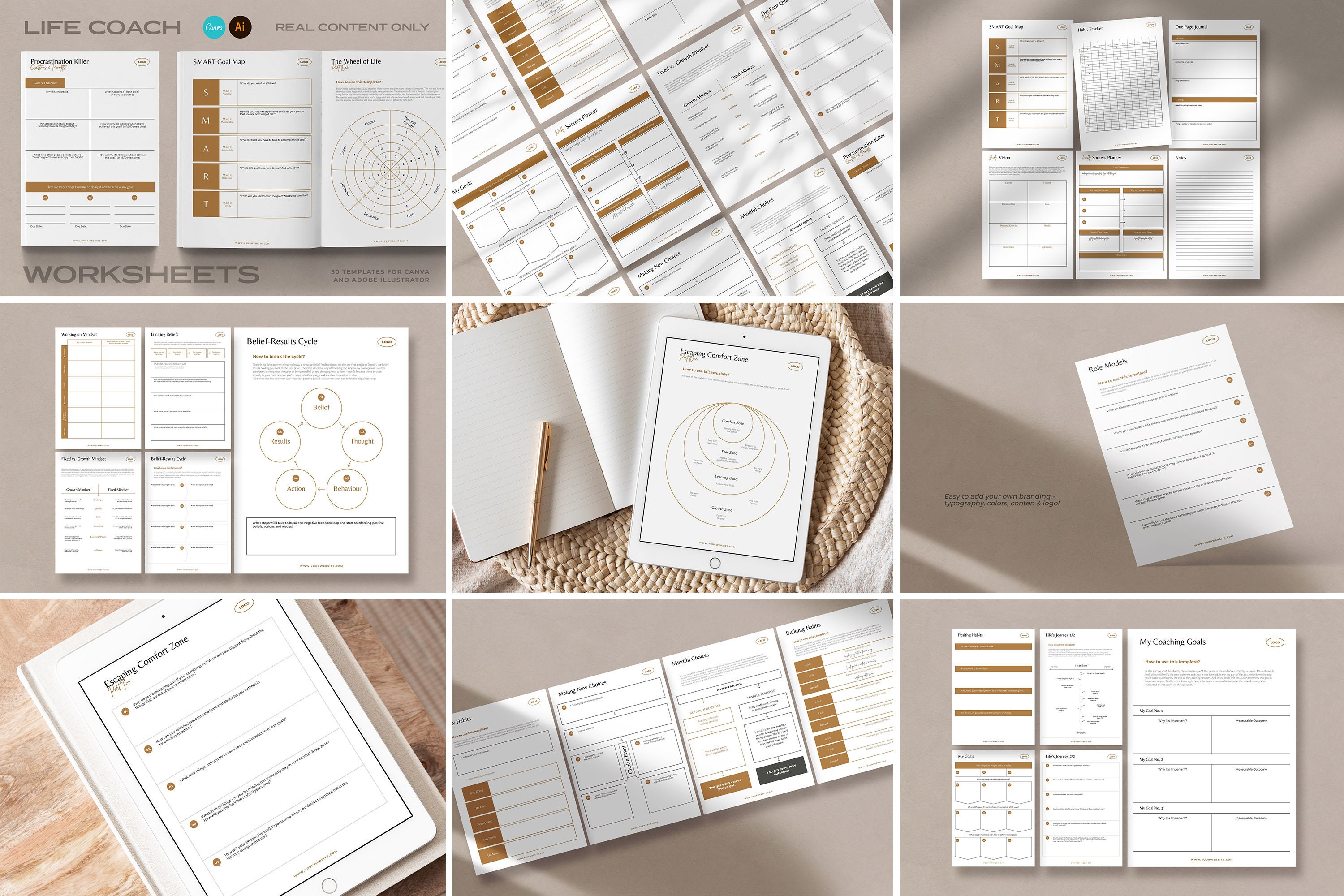 4 in 1 - Self Care Coaching BUNDLE / Therapy Worksheet Templates / Life ...