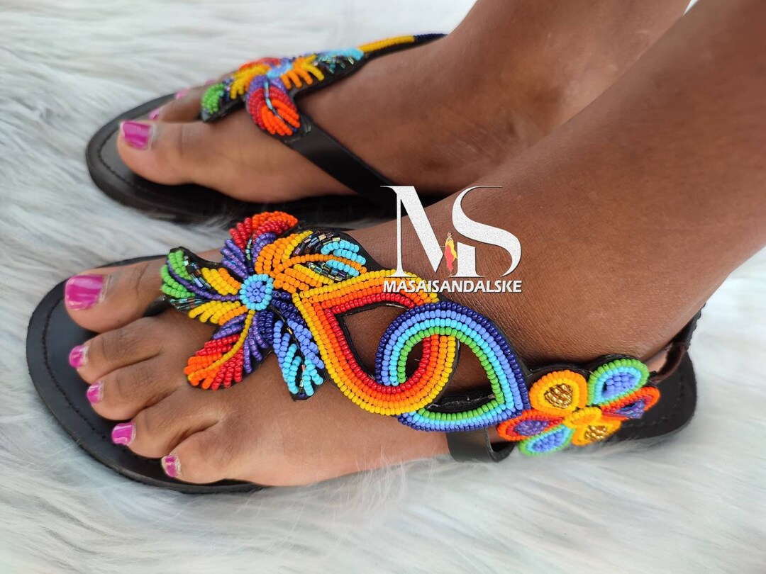 African Maasai Sandals Leather Beaded Sandals Maasai - Etsy