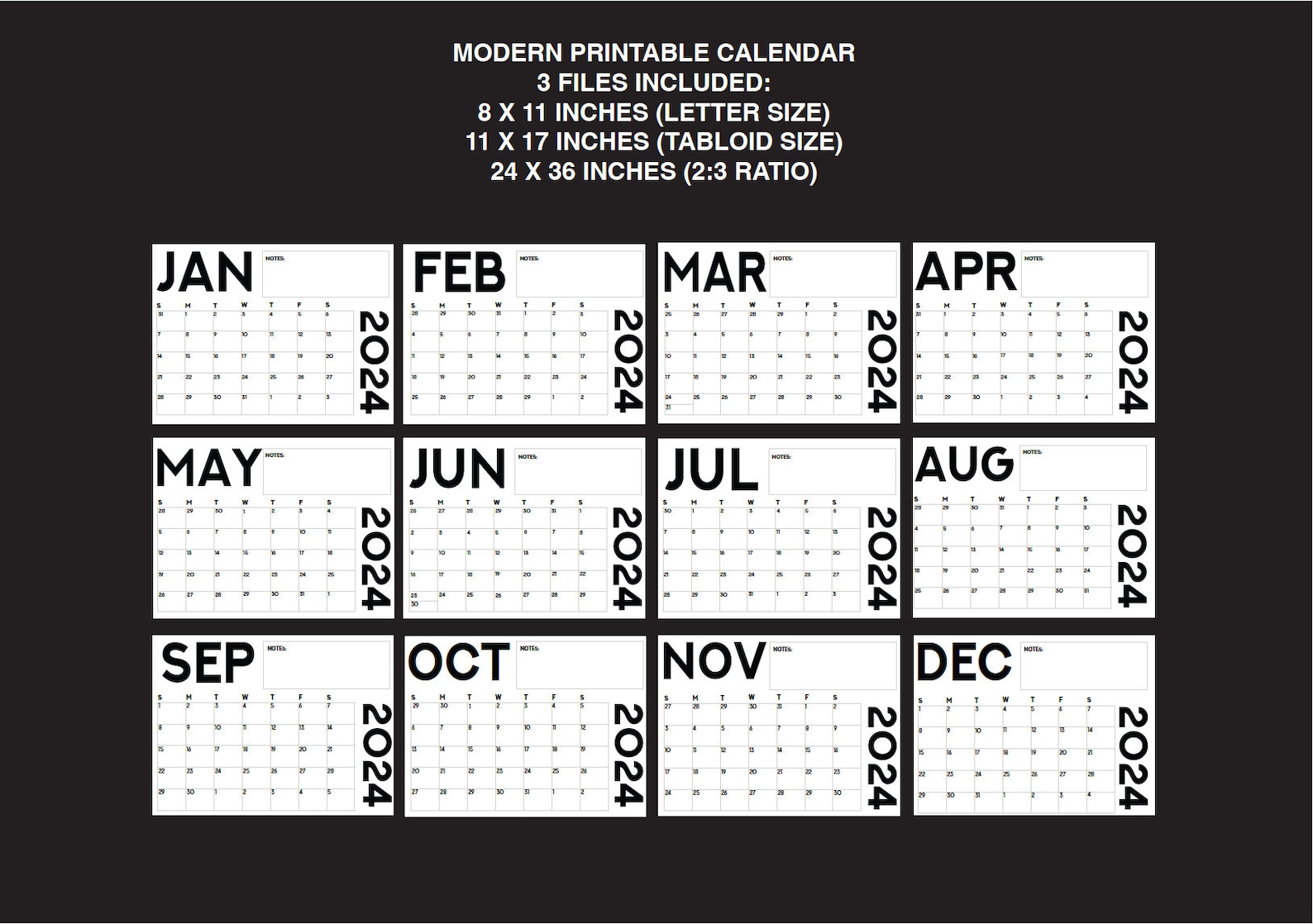 Modern Minimalistic 2024 Large Printable Calendar, Wall Calendar PDF ...