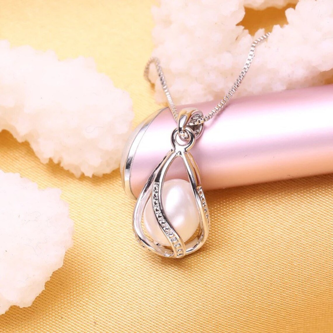 Freshwater Pearl Cage Pendant Necklace 925 Sterling Silver - Etsy