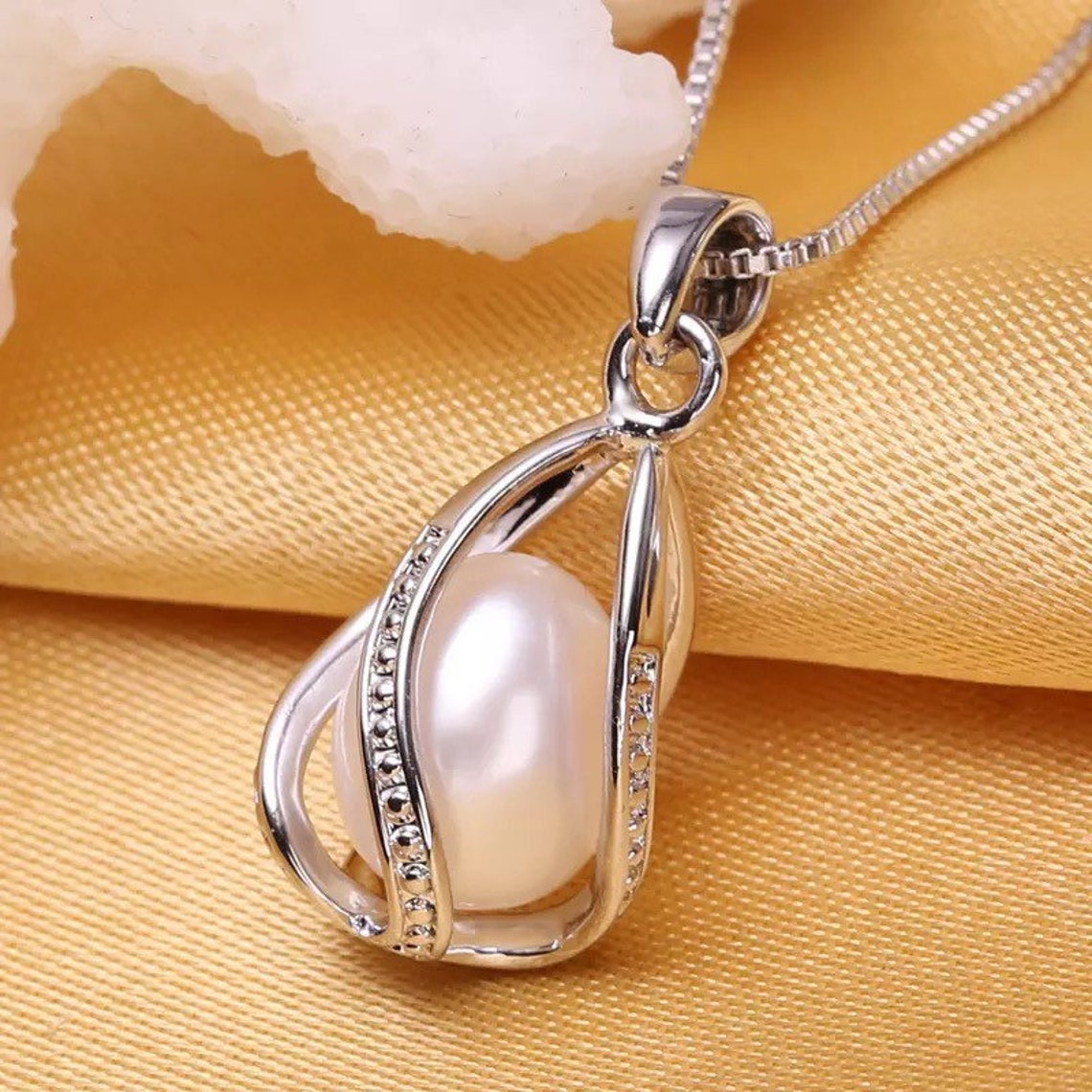 Freshwater Pearl Cage Pendant Necklace 925 Sterling Silver Necklace 8 ...