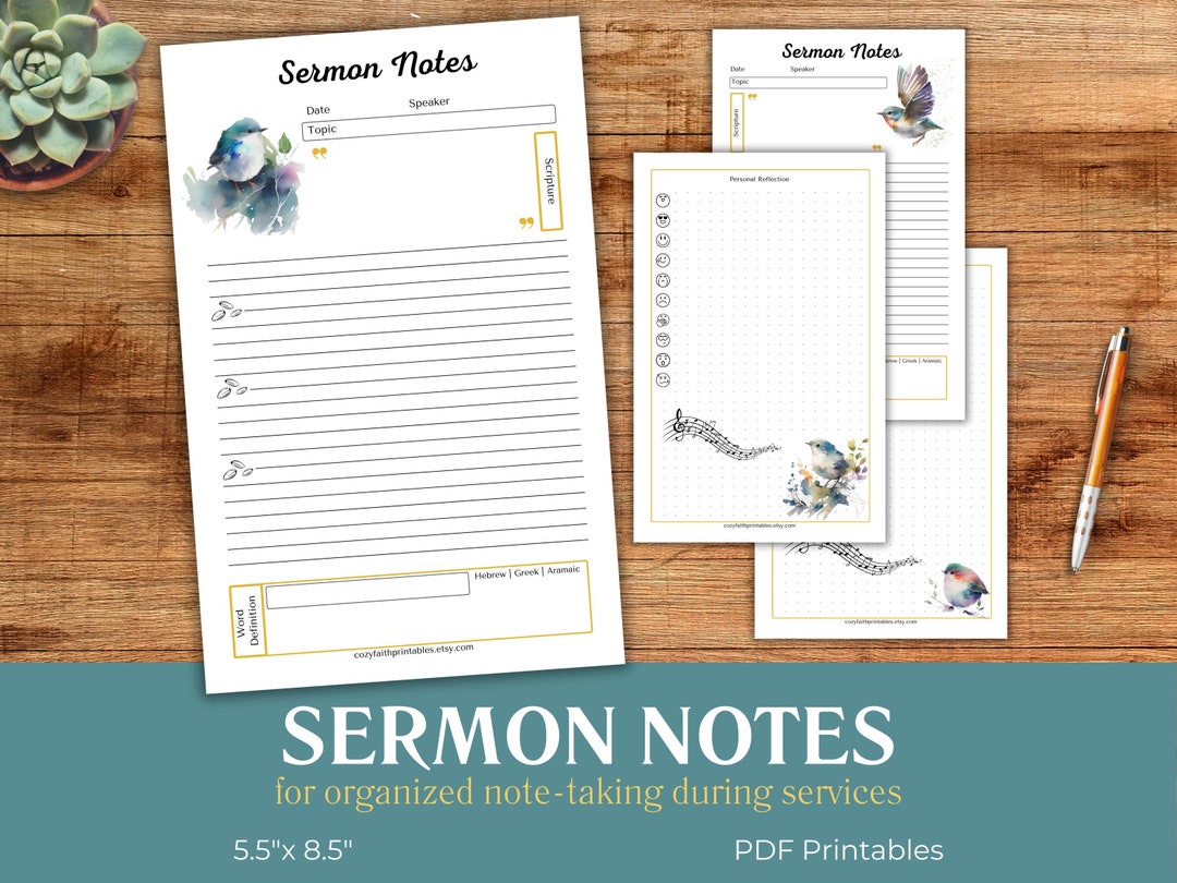 Sermon Notes Watercolor Printable Pages Note Taking Template for Church ...