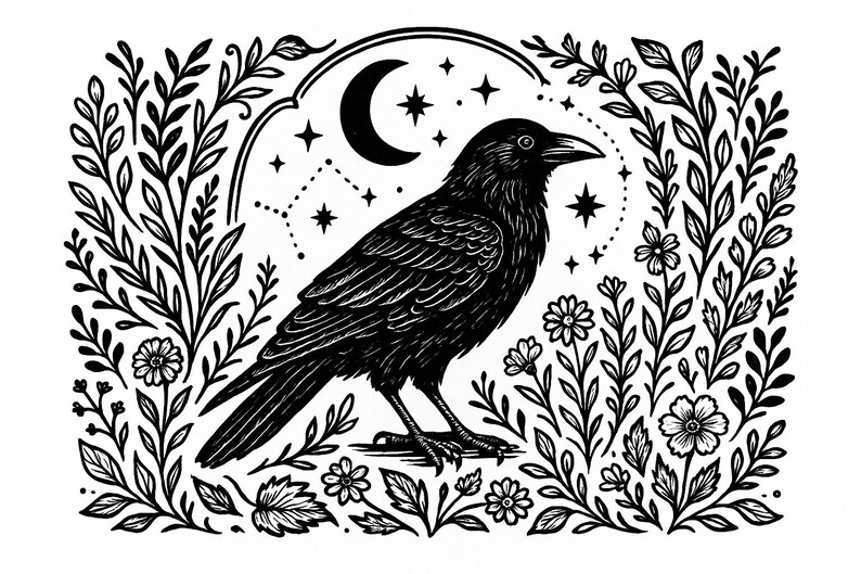 Celestial Crow Scene SVG, Cottagecore Engraving File, Woodland Floral ...