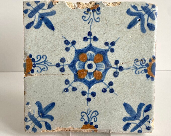 17th Century Delft Tile - Ornament - Orange, Blue and White - Delftware ...