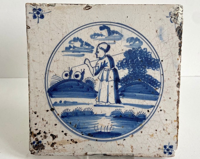 Antique Delft Tile - 18th Century - Lady in a Circle - Delftware - Etsy