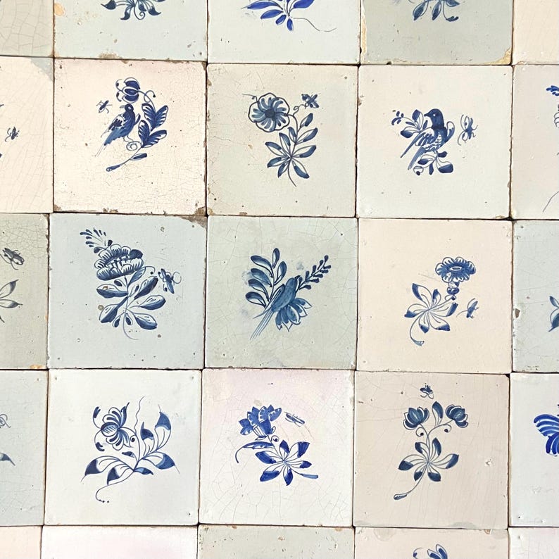 25 X Antique Delft Tile - Flower - Blue and White - Wall - Kitchen ...