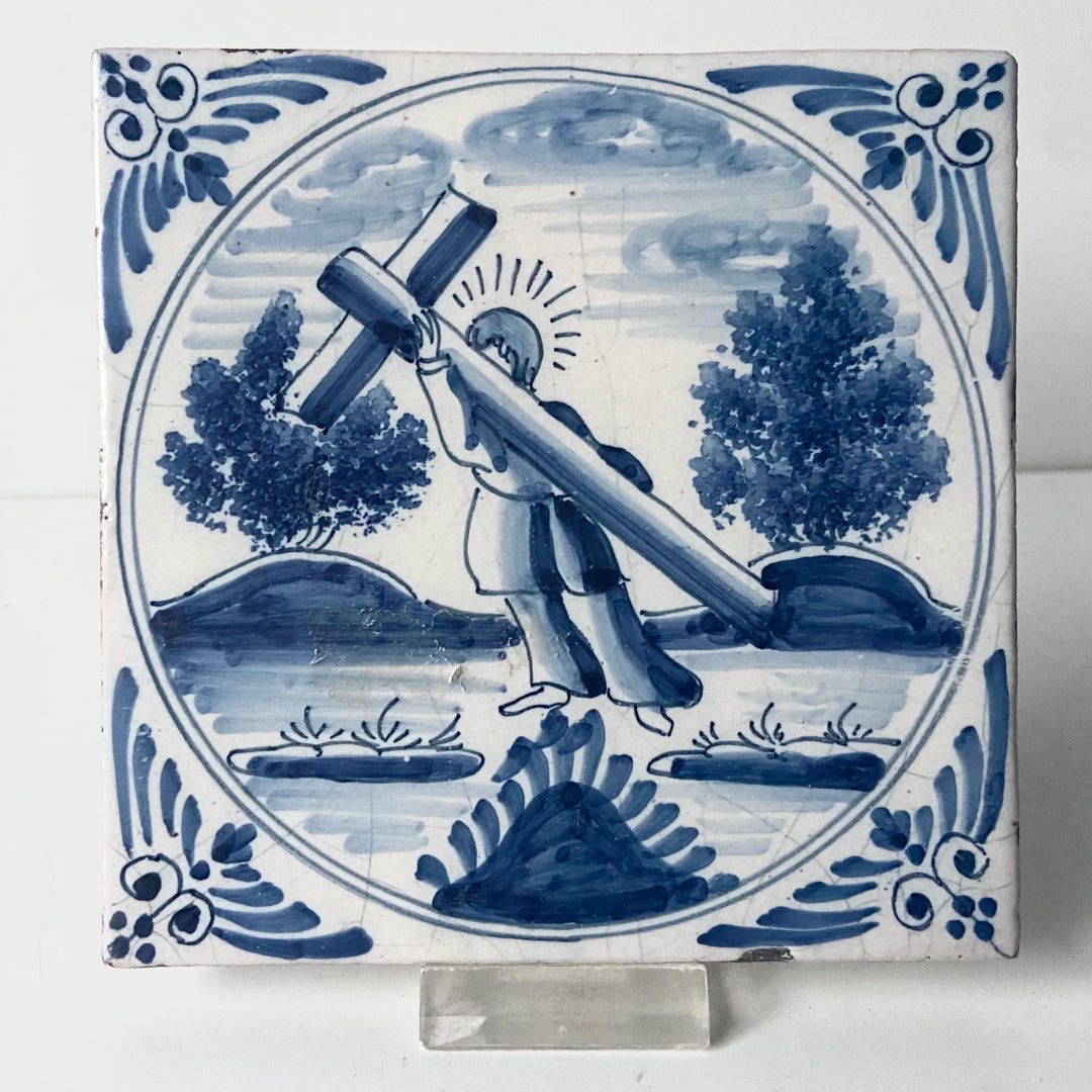 Antique Delft Tile - Jesus Walking With the Cross - 19th Century ...
