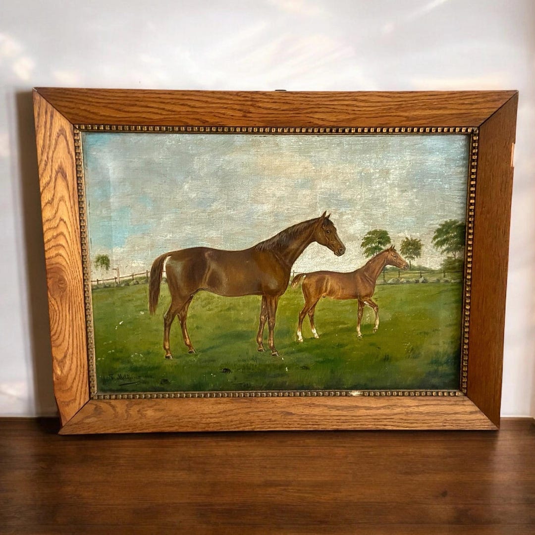 Antique Painting - Horses - Foal - Signed JH Mitzing 1908 - Early 20th ...