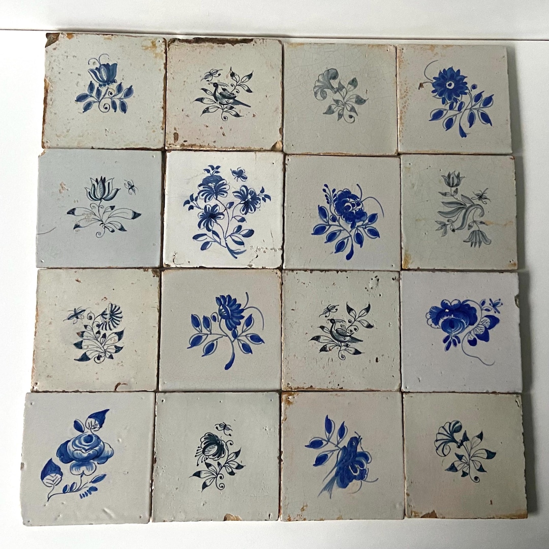 Set 18th Century Delft Tiles Flowers Blue and White Mural Delftware ...