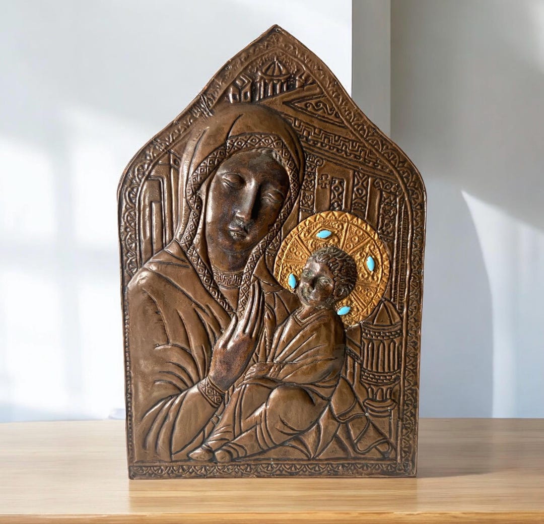 Antique Icon - Maria With Jesus - Gem Stones - 19th Century - Copper ...