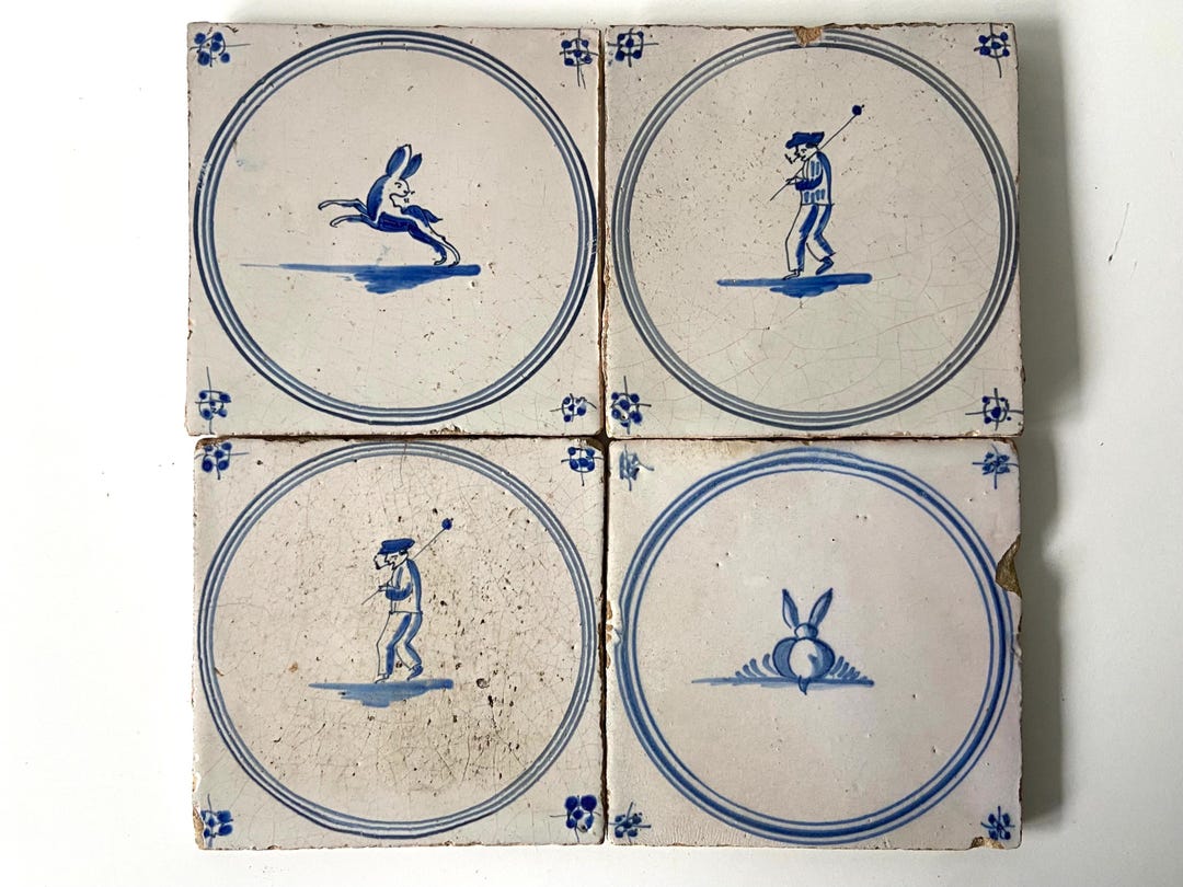 Antique Delft Tiles - Rabbit and Figures - 18th Century - Delftware ...