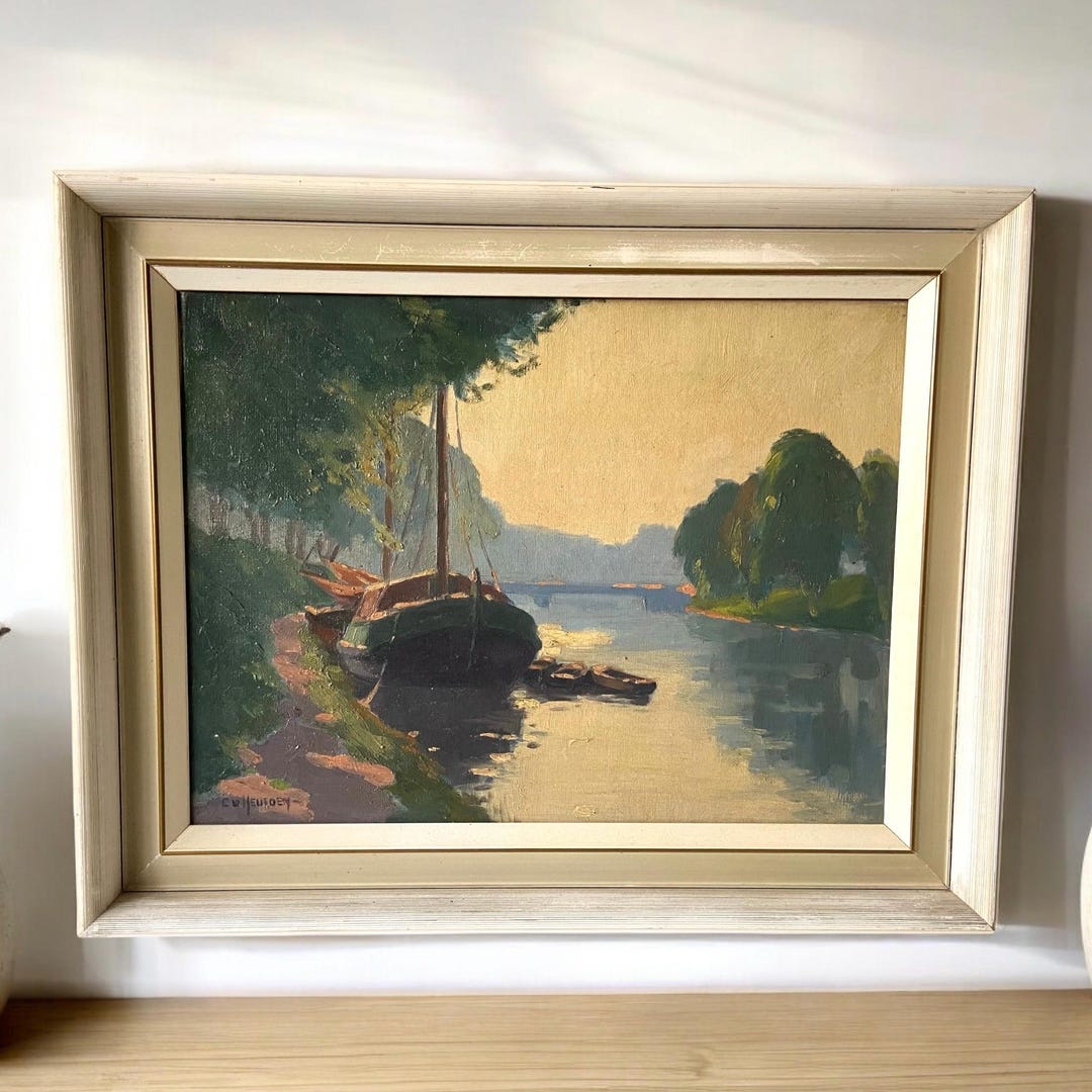 Painting CV Heusden Boat in the Canal 20th Century Oil on Canvas Dutch ...